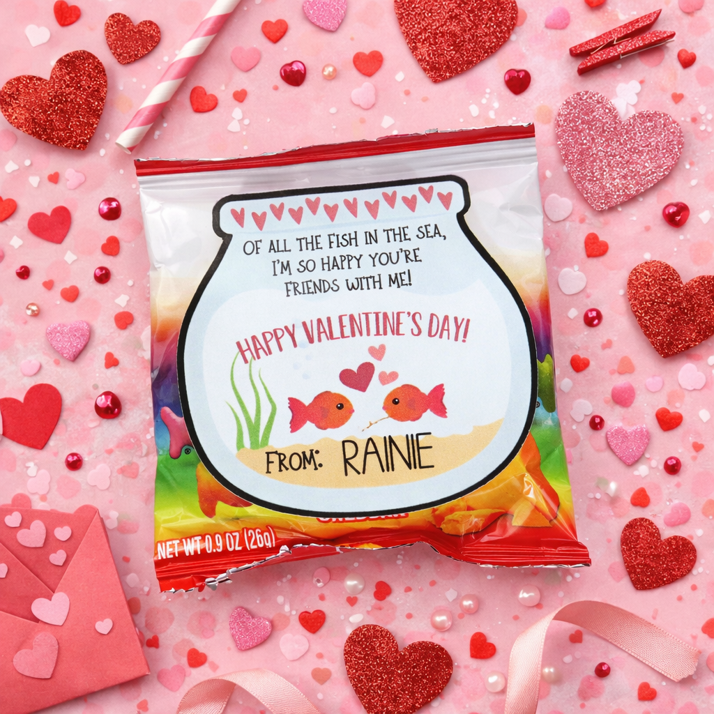 Personalized Fish Bowl Valentine Snack Cards for Classroom Exchanges ...